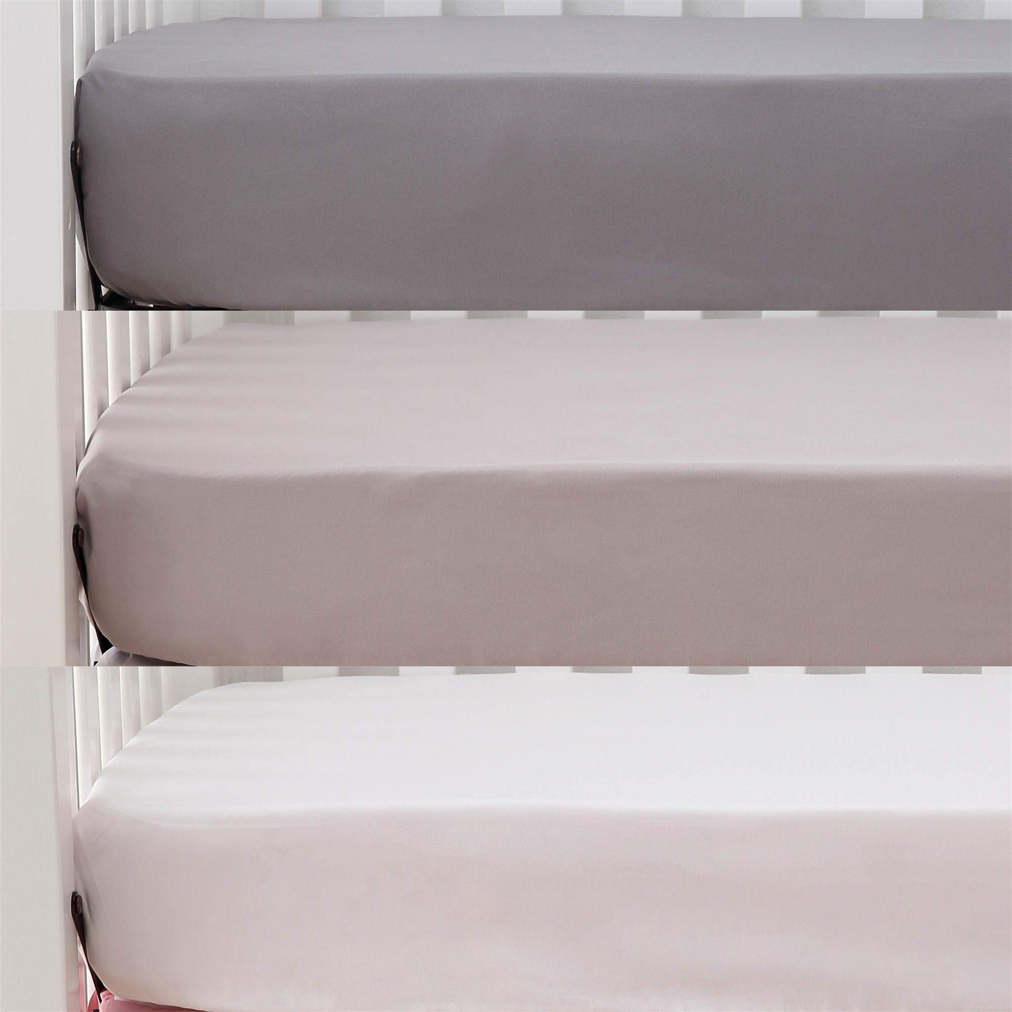 Belsden 3 Pack Microfiber Durable Crib Sheets Fitted, Silky Soft Smooth Breathable Baby Sheets Set for Boys Girls, 28''x 52'' Fits Standard Crib and Toddler Mattresses, White + Gray + Lt Gray