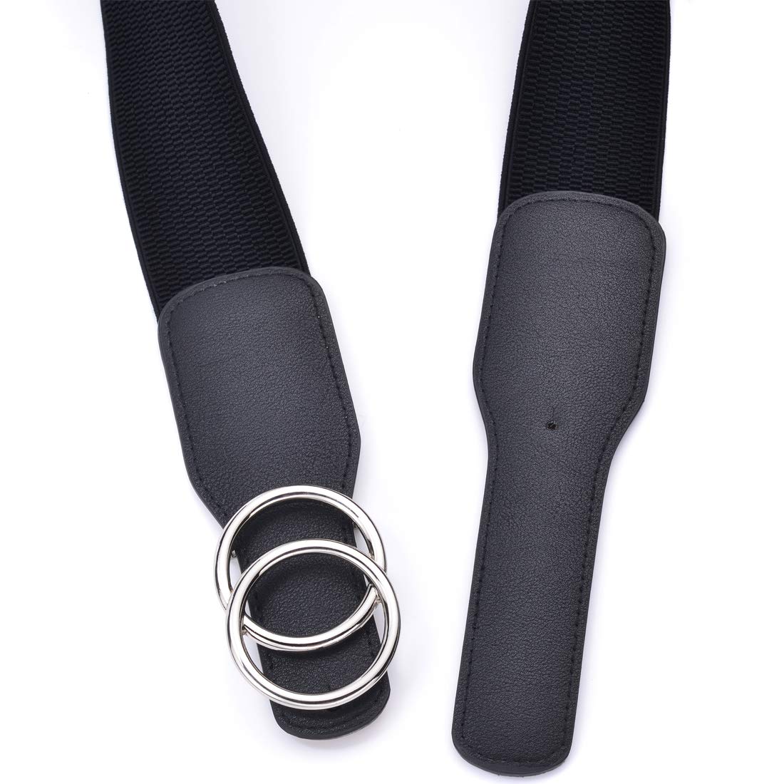 Beltox Women’s Elastic Stretch Wide Waist Belts w Double Rings Gold/Silver Buckle (Black w Silver Buckle, L-XXL(37-47 inch stretch range))
