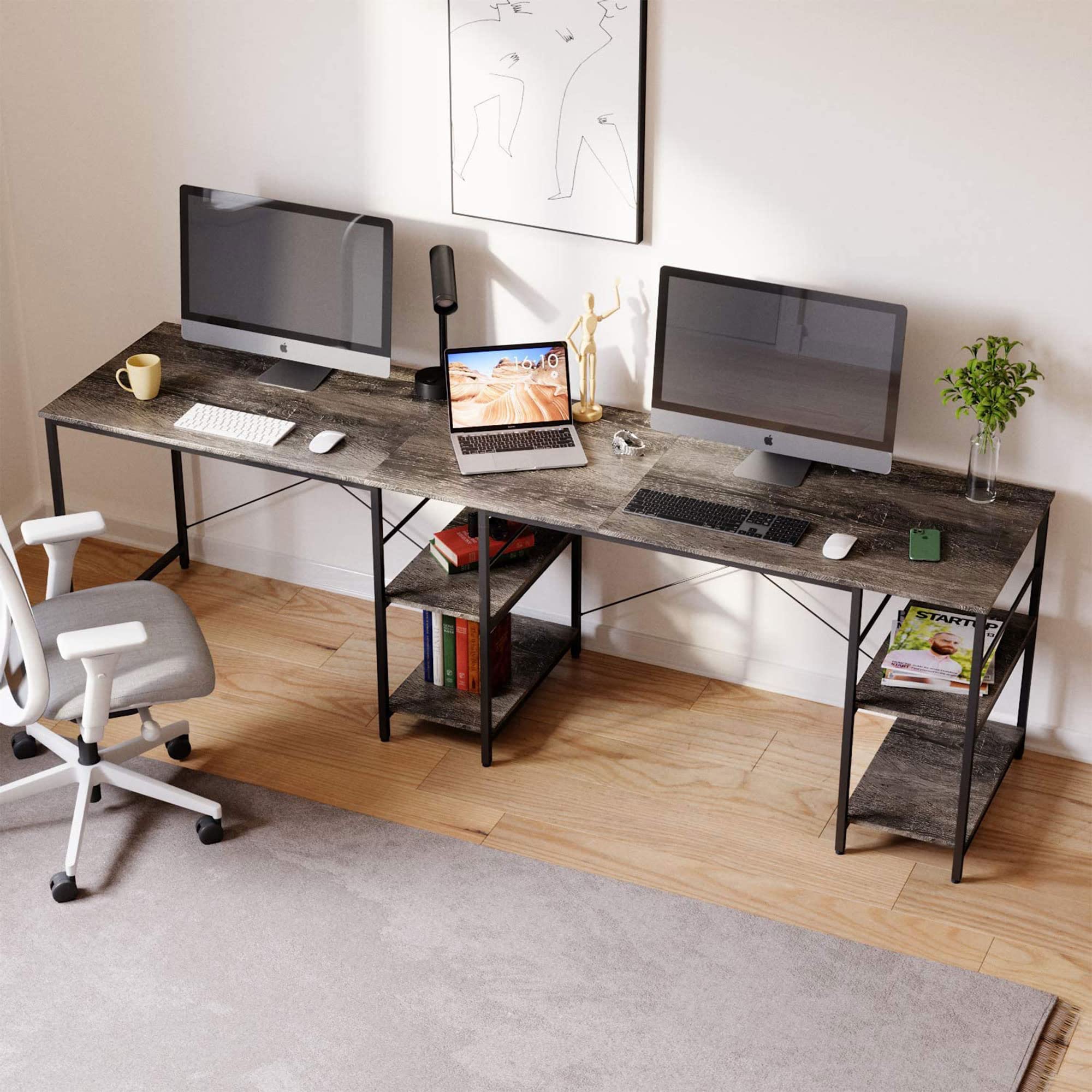 Bestier L Shaped Desk with Shelves,Reversible Corner Computer Desk or 2 Person Long Table for Home Office Large Gaming Writing Storage Workstation P2 Board with 3 Cable Holes, (Gray, 95 Inch)