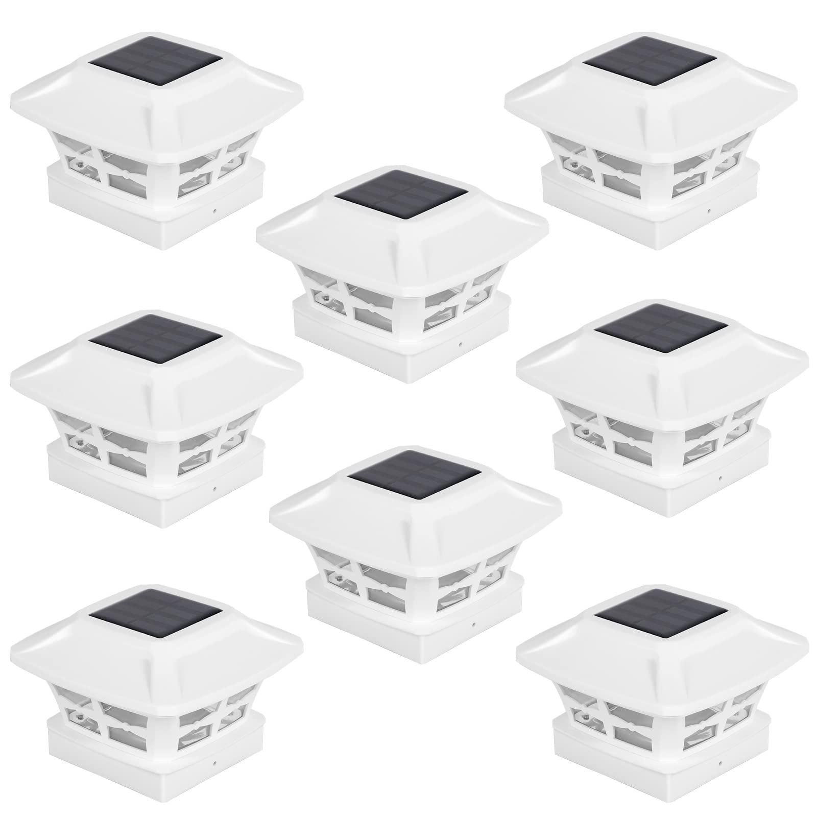 LamQee White Solar Post Caps Solar Post Lights Outdoor Waterproof Warm/Cool White 2 Modes Post Cap Lights for Deck Solar Powered Led Post Cap for Vinyl Fence Post Solar Lights 4X4 8 Packs