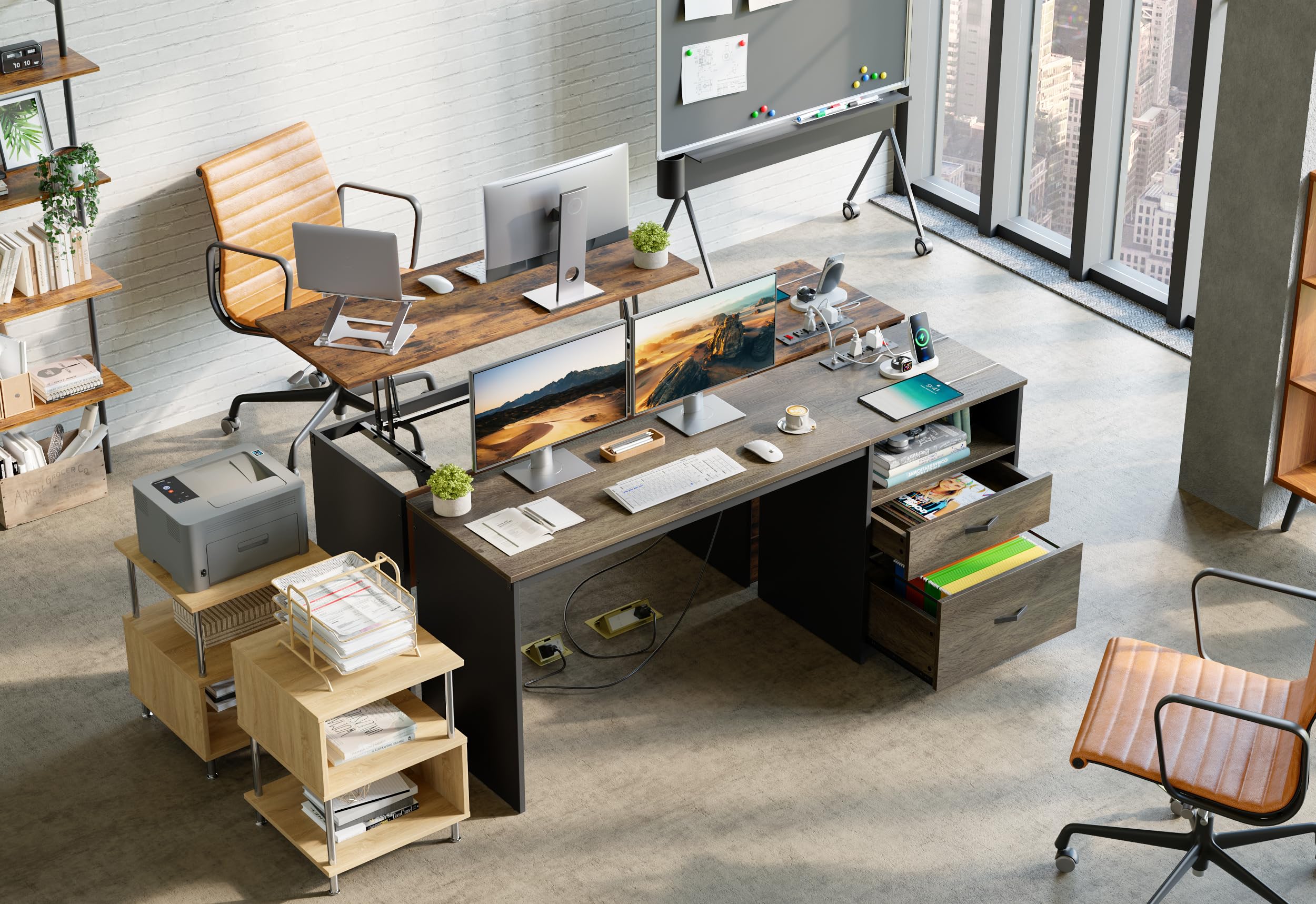 Bestier 60 inch Home Office Desk with Power Outlets, Computer Desk with Drawers, Reversible Desk with File Drawer, Adjustable Height Desk with Storage for Home Office, Brown