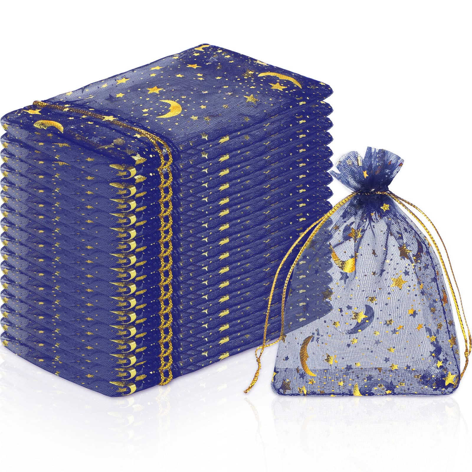 MIMIND 200 Pieces Organza Gift Bags Moon Stars Drawstring Bags Party Favor Jewelry Makeup Bags Candy Chocolate Bags for Wedding, Birthday Party Supplies (3.5 x 4.7 Inches, Navy)