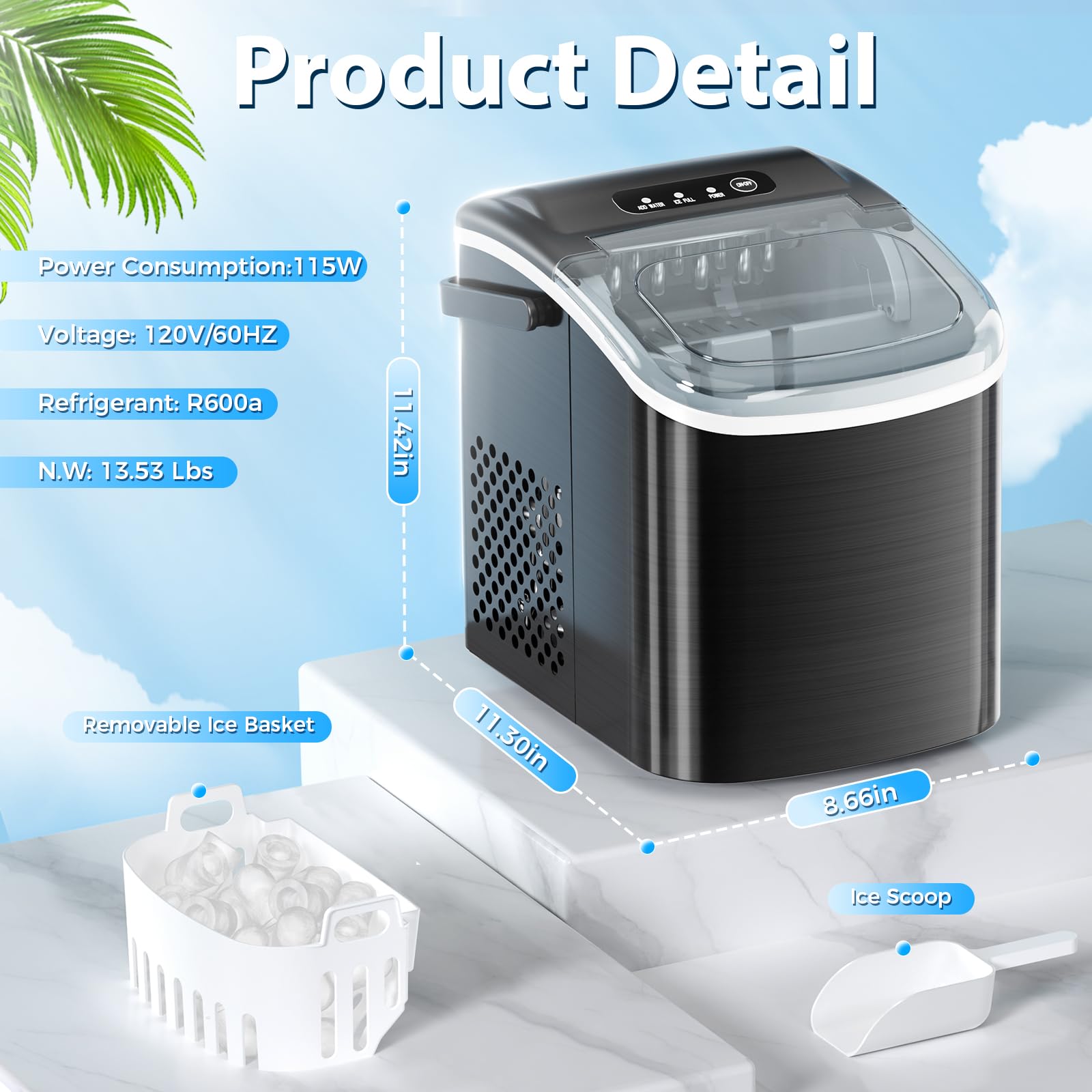 Countertop Ice Maker Antarctic Star Portable Ice Machine with Handle,Self-Cleaning Ice Makers, 26Lbs/24H, 9 Ice Cubes/6 Mins for Home Kitchen Bar Party, Stainless Steel Black