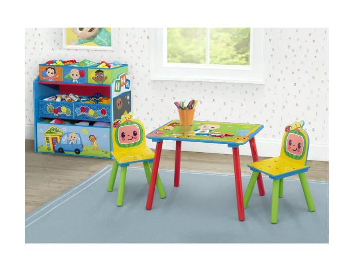 PZCXBFH CoComelon 4-Piece Toddler Playroom Set by – Includes Play Table with Dry Erase Tabletop and 6 Bin Toy Organizer with Reusable Vinyl Cling Stickers, Blue/Multi
