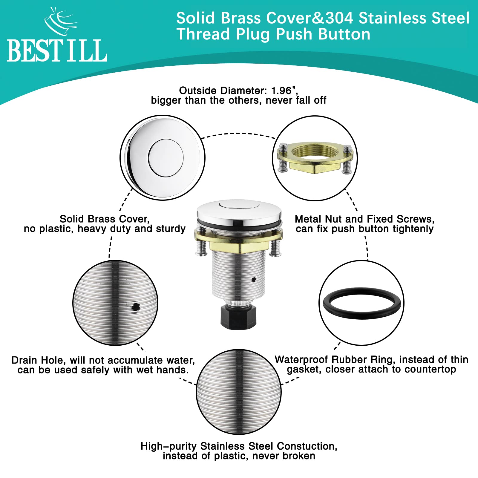 BESTILL Garbage Disposal Air Switch Kit, UL Listed, Sink Top Push Button with Brass Cover, Chrome, Brushed Nickel