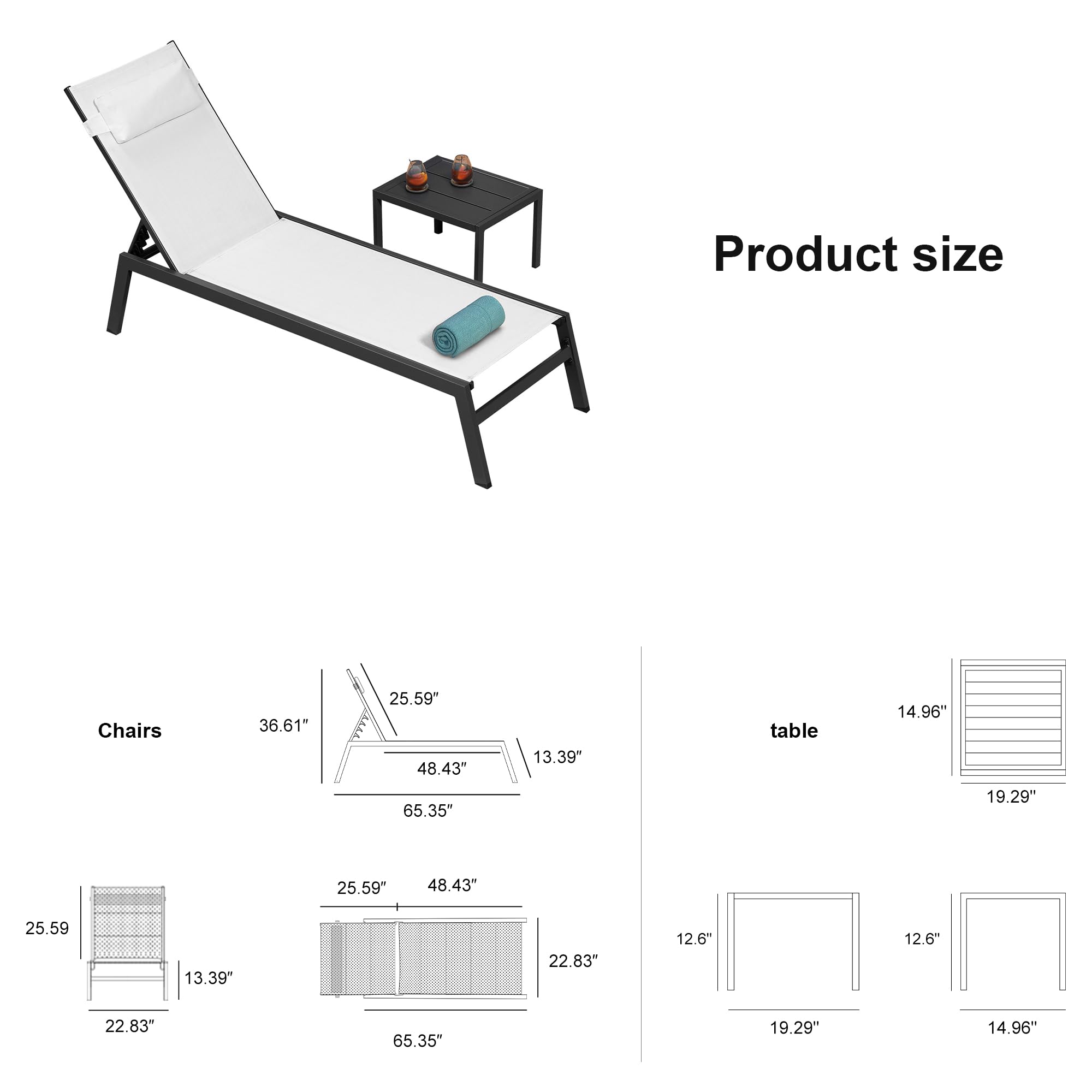 PURPLE LEAF Lounge Chair Set for Outside Aluminum Patio Recliner with Side Table and Pillow Beach Sunbathing Tanning Chairs Pool Chaise Lounger Outdoor White