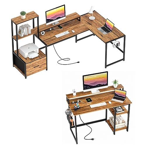 GreenForest 79 in L Shaped Desk with Drawers and Printer Stand and 47 in Computer Desk with USB Charging Port and Power Outlet