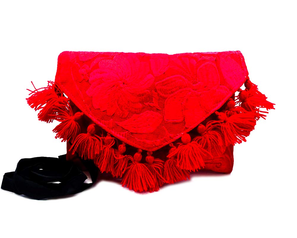 Floral Embroidered Pom Tassel Fringe Slim Envelope Clutch Purse Crossbody Strap Bag - Women Fashion Handmade Boho Accessories (Red)