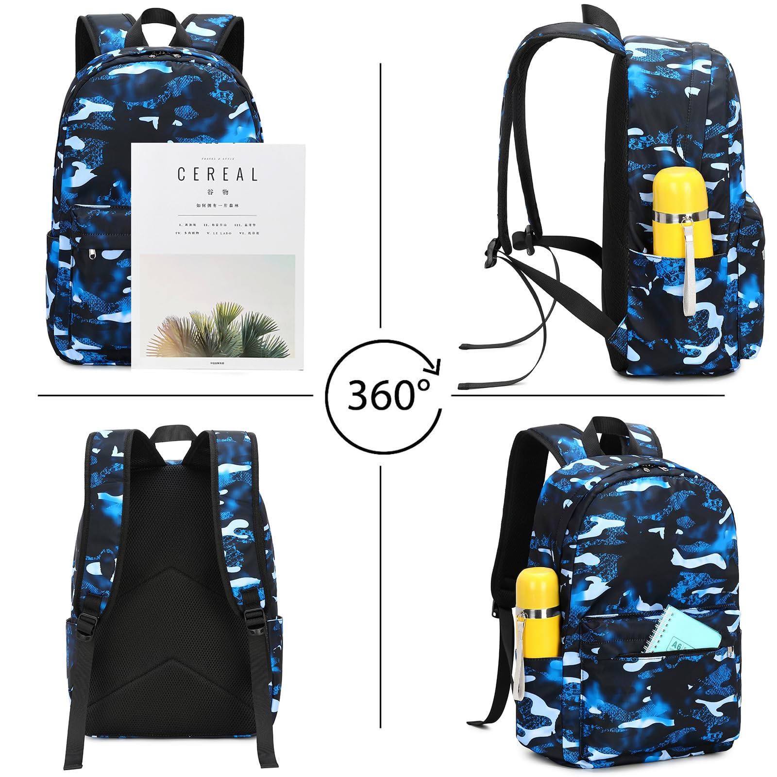 Bluboon School Backpack for Boys Teens Bookbag Travel Daypack Kids Lunch Bag Pencil Case (Camouflage-3pcs)