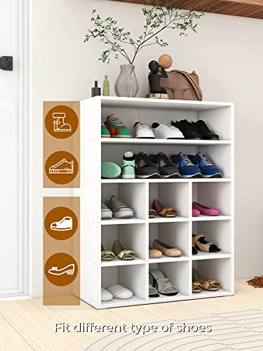 HAIOOU Shoe Cubby, 9-Cube Stackable Wood Shoe Rack Organizer 5-Tier Freestanding Wooden Shoe Stand with 2 Storage Shelf for 10-15 Pairs, Ideal for Apartment, Entryway, Closet Organization - White