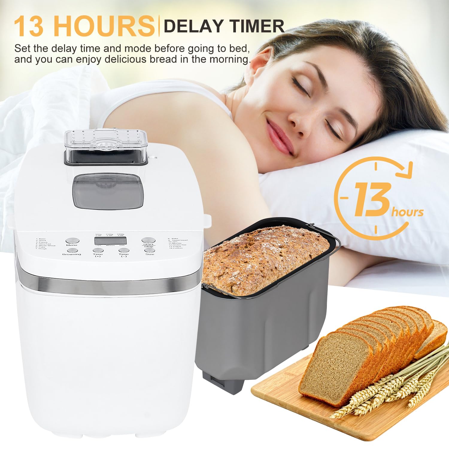 Patioer Bread Maker Machine with Gluten Free Setting 3LB 2.5LB 2LB Automatic Loaf Bread Machine with Fruit & Nut Dispenser 14-in-1 Breadmaker Dual Paddle Programmable 3 Crust Colors, White