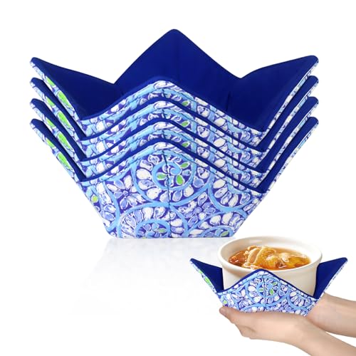 BASEPOW Microwave Bowl Holders,Microfiber Heat Resistant Bowl Holders,Microwave Bowl Huggers for Hot and Cold Bowls Plates Dish,Pack of 4 (Blue)