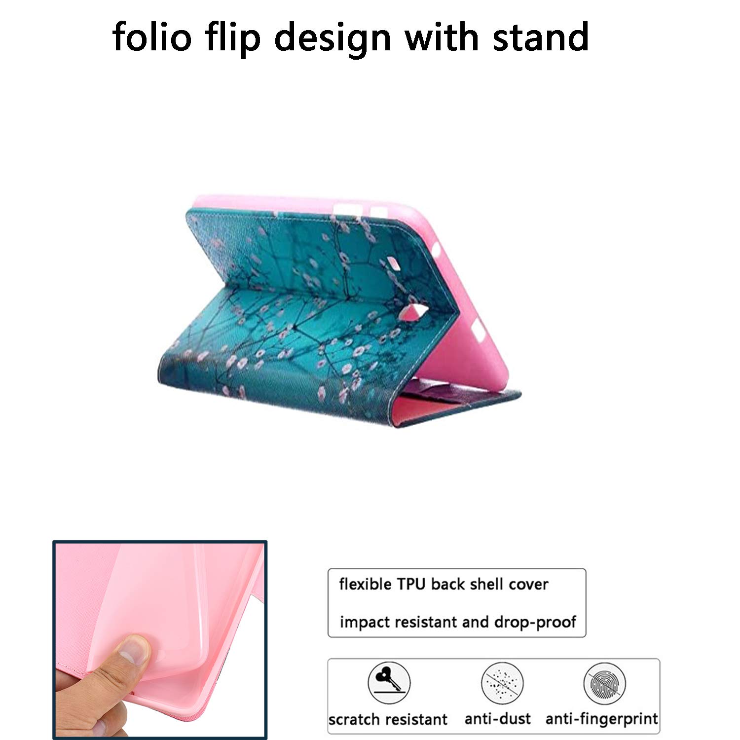 UUcovers T377 Tablet Case for Samsung Galaxy Tab E 8.0 Inch 2016 Model (SM-T377A/T377V/T377P/T375/T378) PU Leather Folio Stand Wallet Soft TPU Back Shockproof Cover with Card Pocket, Pear Flower Blue