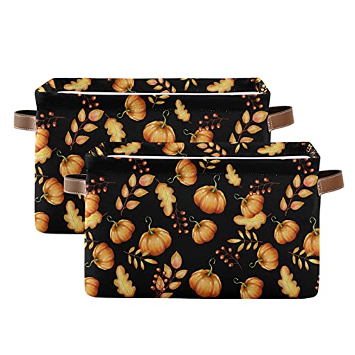 senya Thanksgiving Basket Fall Basket, Large Foldable Storage Basket with Handles Autumn Pumpkin Leaves Fall Thanksgiving Fabric Collapsible Storage Bins Organizer Bag