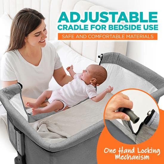 SereneLife Baby Bassinet, Bedside Sleeper for Infant & Newborn, Baby Bed for Safe Co-Sleeping, Easy Folding Portable Crib w/Storage Basket, Adjustable Height, Wheels, All Mesh, w/Travel Bag (Grey)
