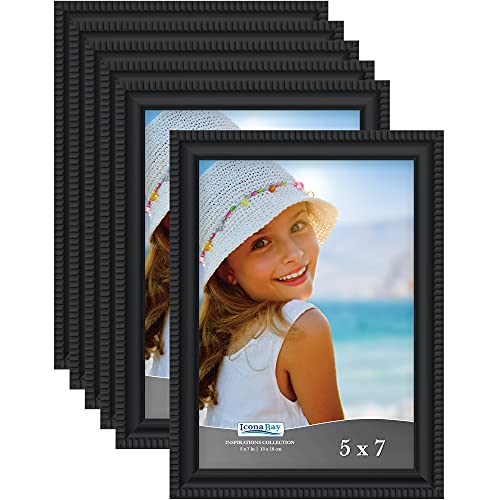 Icona Bay 5x7 Picture Frames (Black, 6 Pack), Beautifully Detailed Molding, Contemporary Picture Frame Set, Wall Mount or Table Top, Inspirations Collection