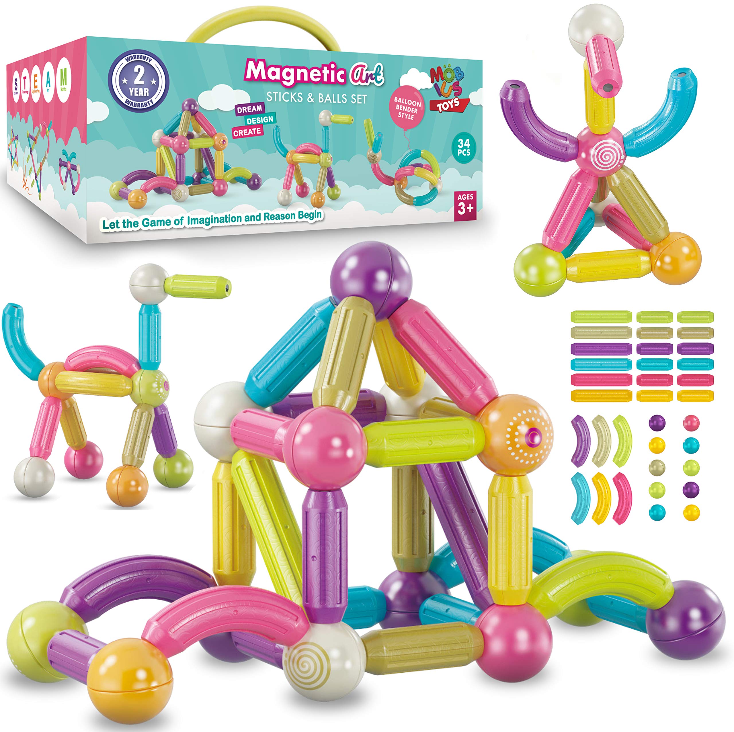 Magnetic Balls and Rods Set | 34 PCS Educational Magnet Building Blocks – Vibrant Colors, Different Sizes & Curved Shapes + Instructions Manual – Developmental STEAM Toys for Boys & Girls 3 4 5 6 7