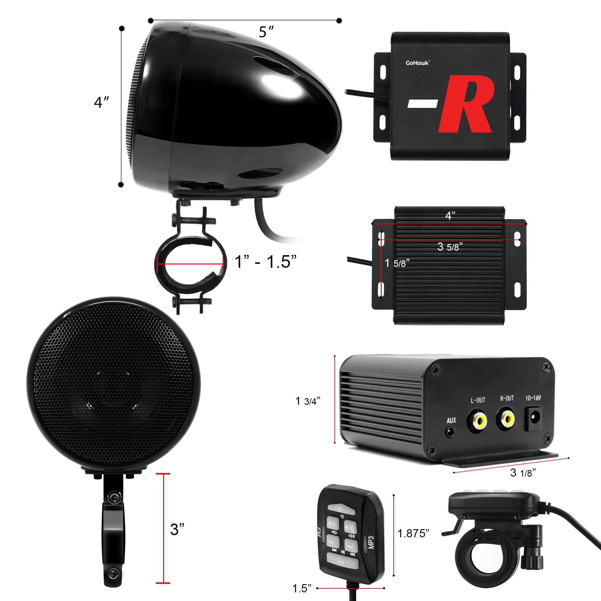 GoHawk TN4-R Amplifier 4" Full Range Waterproof Bluetooth Motorcycle Stereo Speakers 1 to 1.5 in. Handlebar Mount Audio Amp System Harley Touring Cruiser ATV UTV RZR, AUX, FM Radio