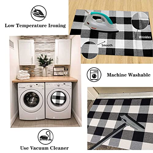 HOYIJA Buffalo Plaid Rug 2'×3'Outdoor/Indoor Black and White Checkered Samll Area Rug,Retro Cotton Woven Check Washble Entryway Front Porch Decor Rugs for Layered Welcome Front Door Mats