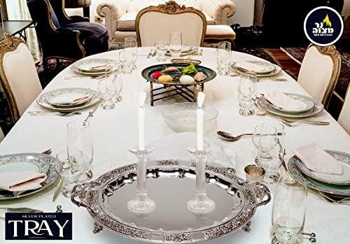 Silver Plated Menorah Tray with Handles - 16 Inch x 12 Inch - for Shabbos, Yom Tov, Hanukkah Drip Tray - Large Oval Silver Tray - Ner Mitzvah