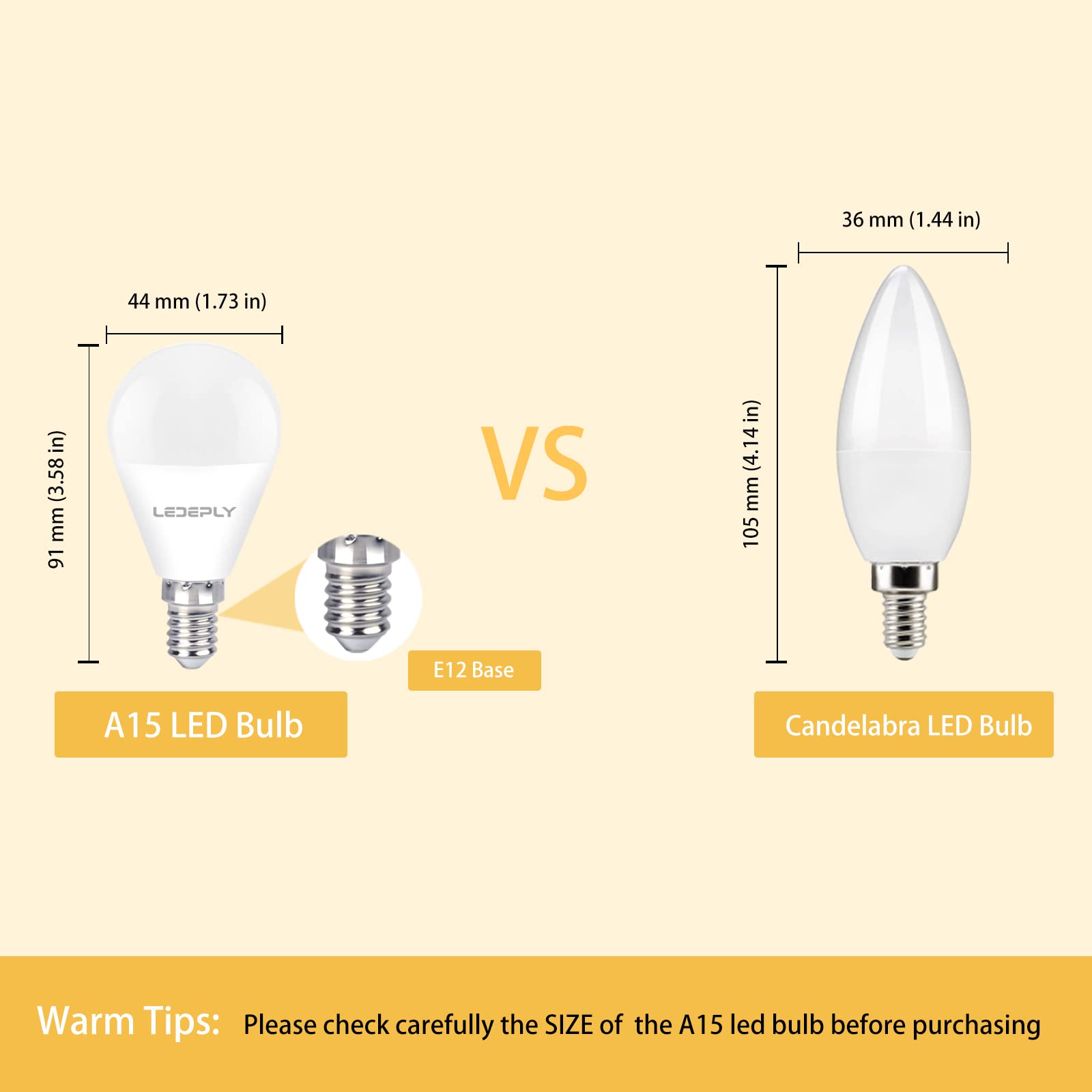 LEDEPLY A15 Ceiling Fan Light Bulbs, Dimmable, E12 Base LED Bulb, 5.5W=40W, Warm White 2700K, 500 Lumen, LED Light Bulb, 6 Pack