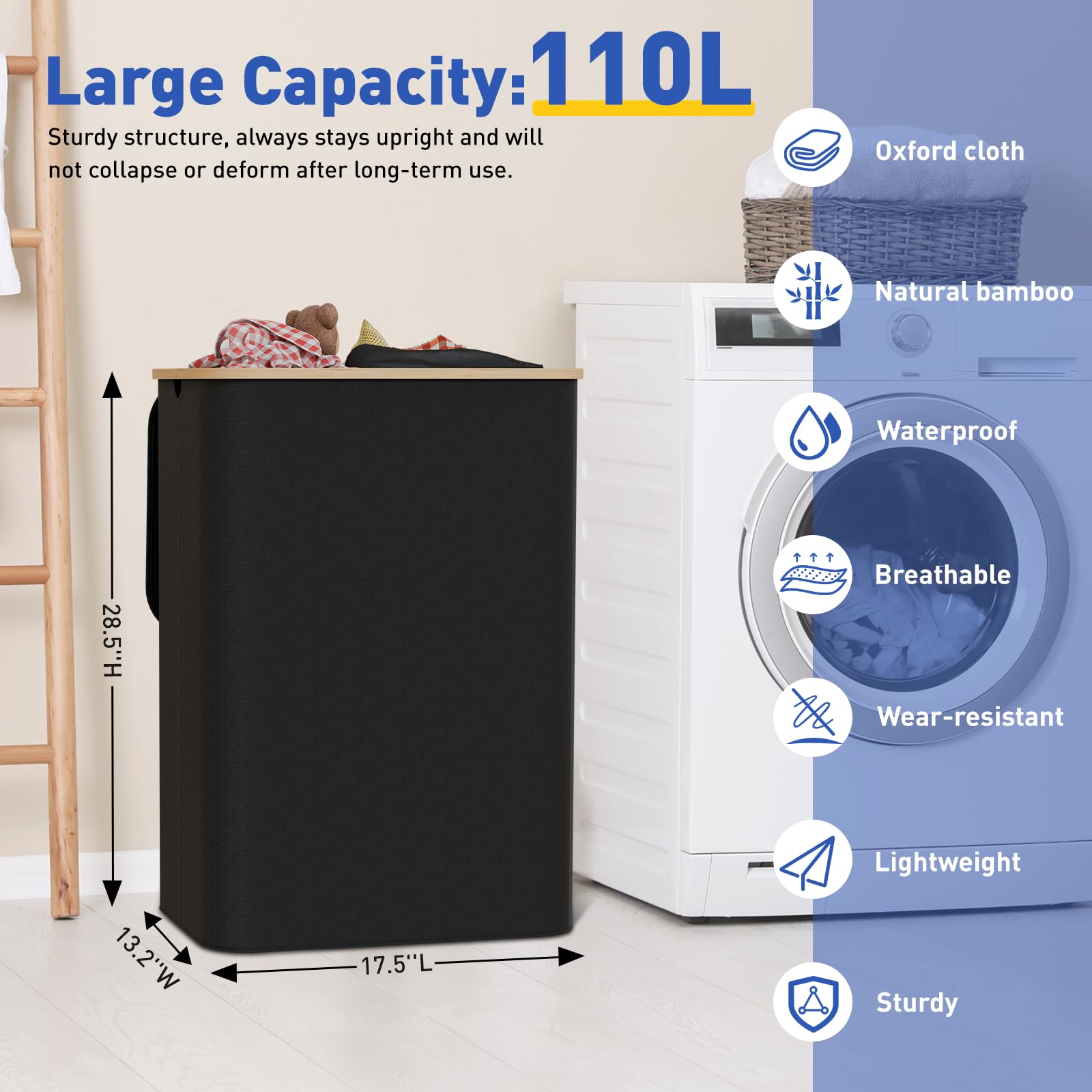 CasaCulina 160L Laundry Hamper with Lid, Extra Large Laundry Basket 3 Section with Removable Washing Bags, Collapsible Waterproof Dirty Clothes Hamper for Laundry Room, Bathroom, Bedroom, Dorm, Beige