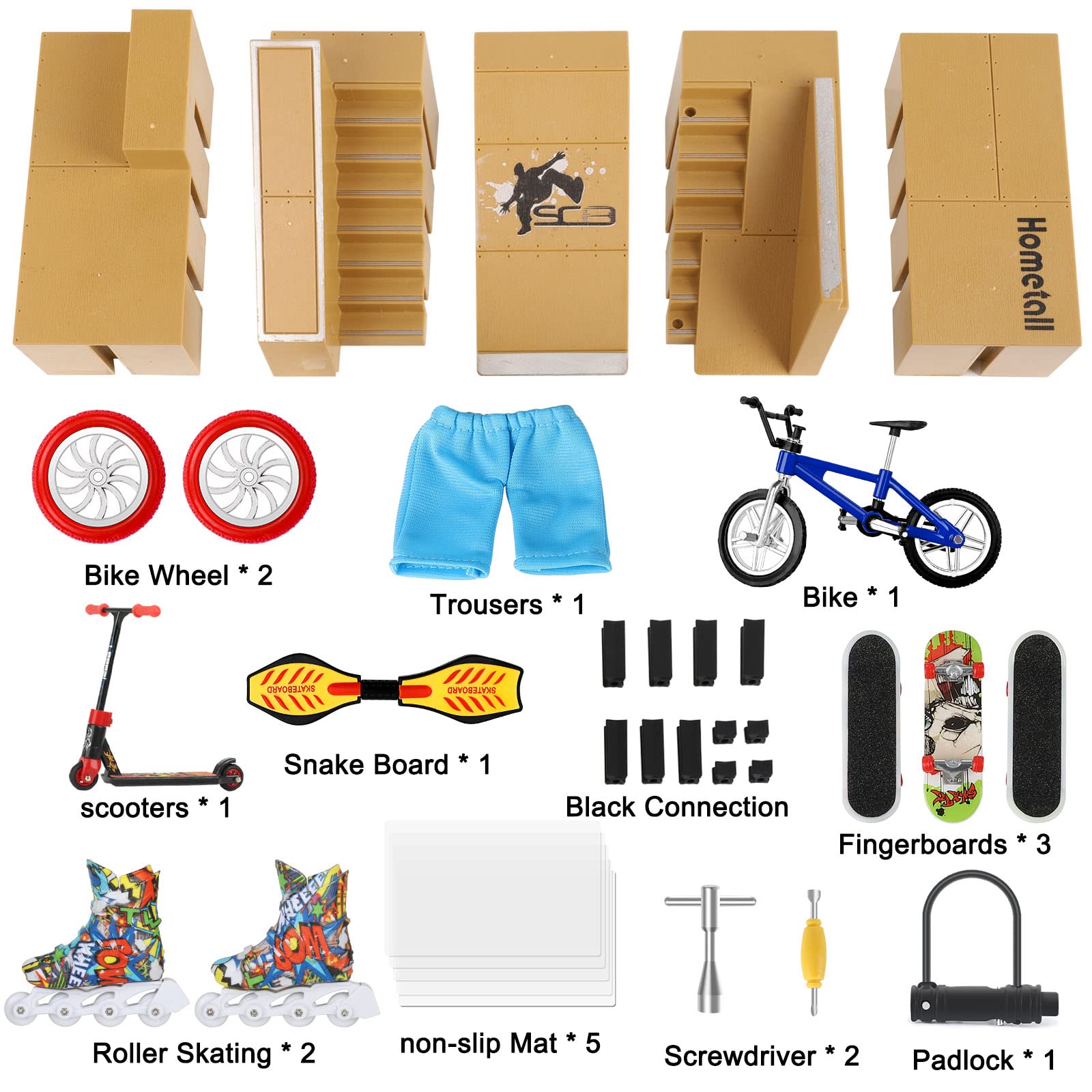 HOMETALL 8Pcs Fingerboard Skatepark Ramps with 9Pcs Mini Toys Set Including Fingerboards, Bike, Scooters, Skate Park for Kids Gift