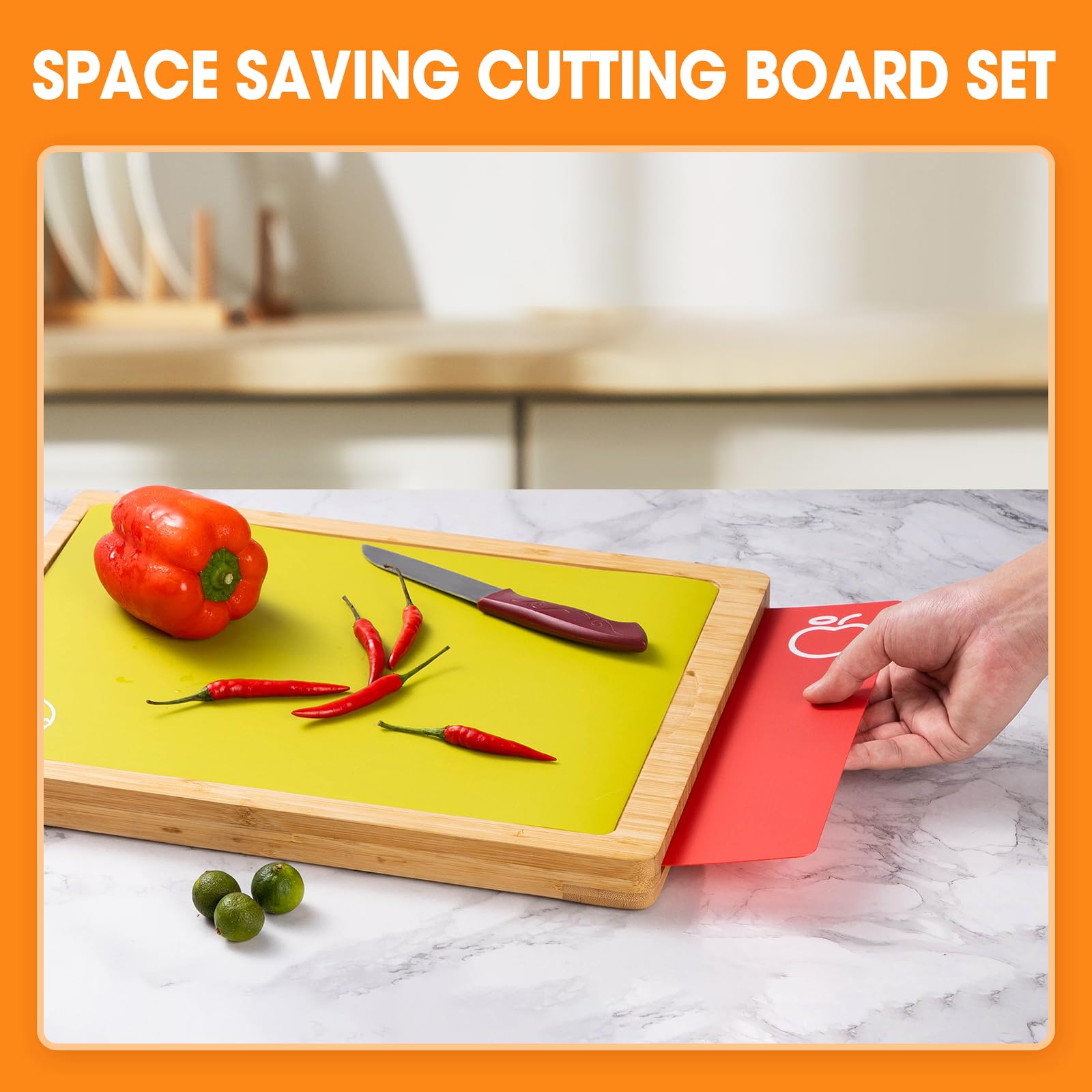 Bamboo Wood Cutting Board Set with 7 Flexible Cutting Mats with Food Icons, Easy to Clean Cutting Boards for Kitchen