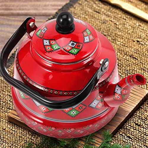 DOITOOL Enamel Tea Kettle Vintage Stovetop Tea Pot Hot Water Boiling Kettle Gas Cooker Kettle Coffee Pot with Handle 2.5L Red