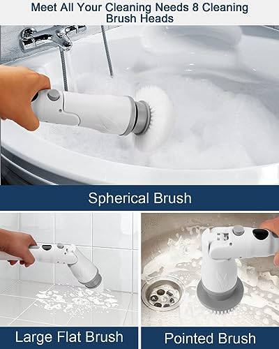 Electric Spin Scrubber, Saraily Cordless Power Scrubber Up to 420RPM, Shower Scrubber with 8 Replaceable Brush Heads and Adjustable Extension Handle for Cleaning Bathtub Tile Floor(40 inch)