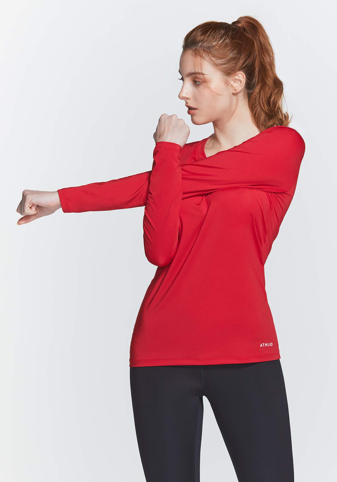 ATHLIO Women's UPF 50+ Long Sleeve Workout Shirts, UV Sun Protection Running Shirt, Dry Fit Athletic Tops, Round Neck 3pack Shirts Teal/White/Red, Large
