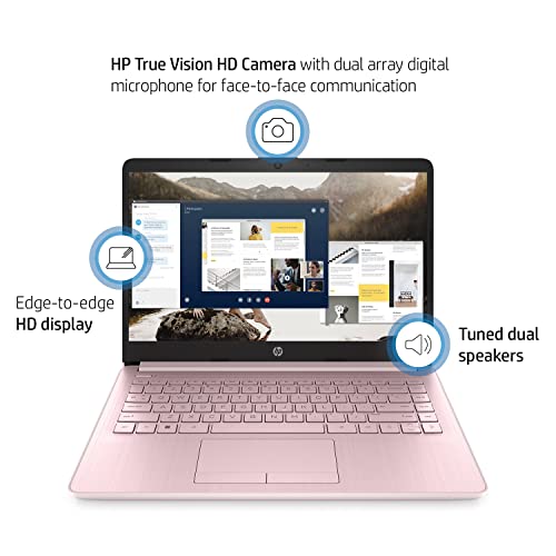 HP 2022 Premium 14-inch HD Thin and Light Laptop, Intel Quad-Core Processor, 16GB RAM, 64GB Storage, Long Battery Life, Webcam, Bluetooth, HDMI, Wi-Fi, Pink, Windows 11 + 1 Year Microsoft 365