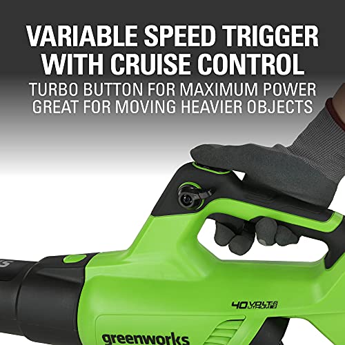 Greenworks 40V 14" Cordless Electric Lawn Mower, Leaf Blower (120 MPH / 500 CFM), String Trimmer, 4.0Ah Battery and Charger