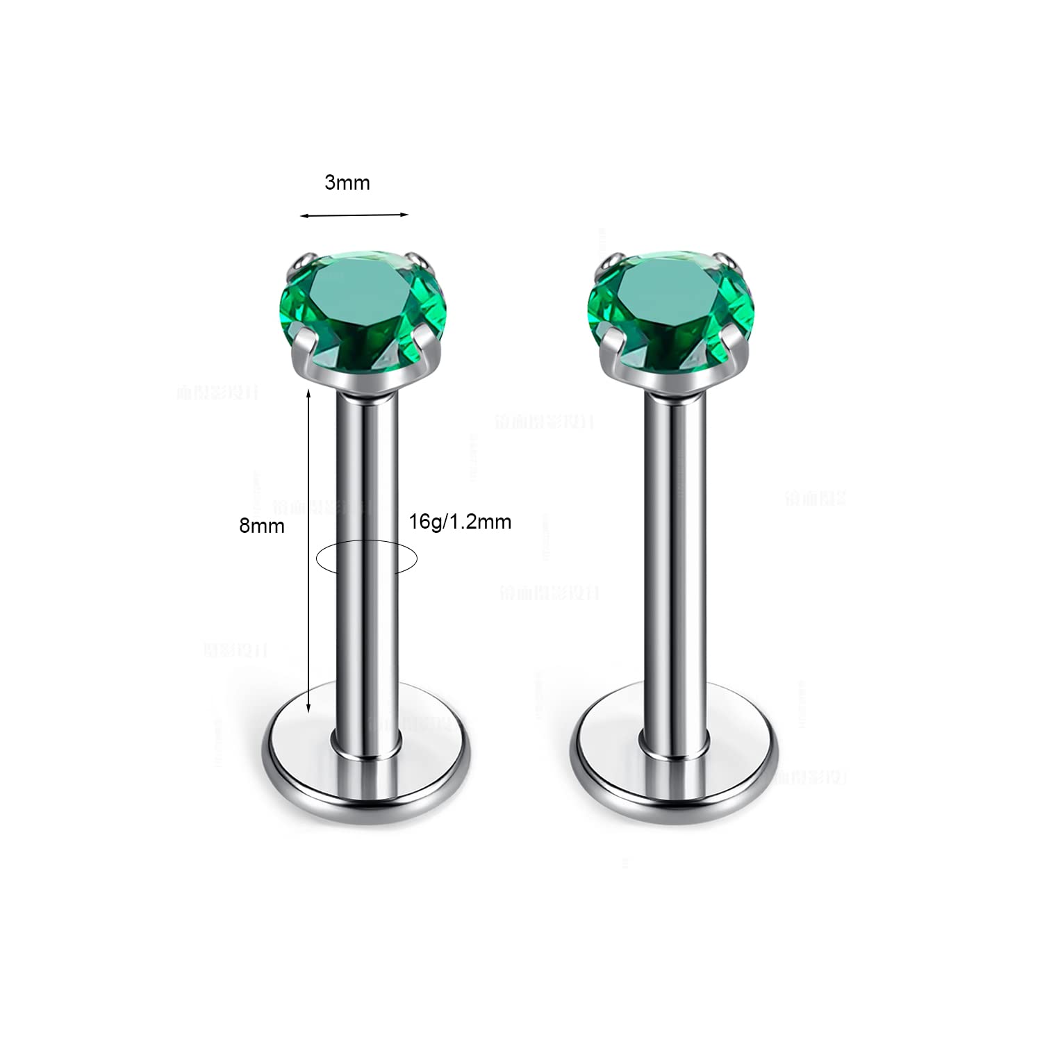 BelezaDosas G23 Titanium Labret Studs Threadless Push Back 16G Lip Tragus Helix Cartilage Earring Piercing Jewelry (1 pair Emerald)