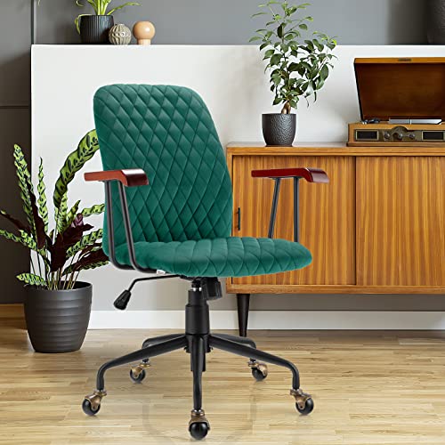 Giantex Home Office Desk Chair Green, Vintage Adjustable Swivel Rolling Chair with Copper Wheels & Armrest, Mid Century Leisure Chair, Velvet Upholstered Computer Chair for Work, Study