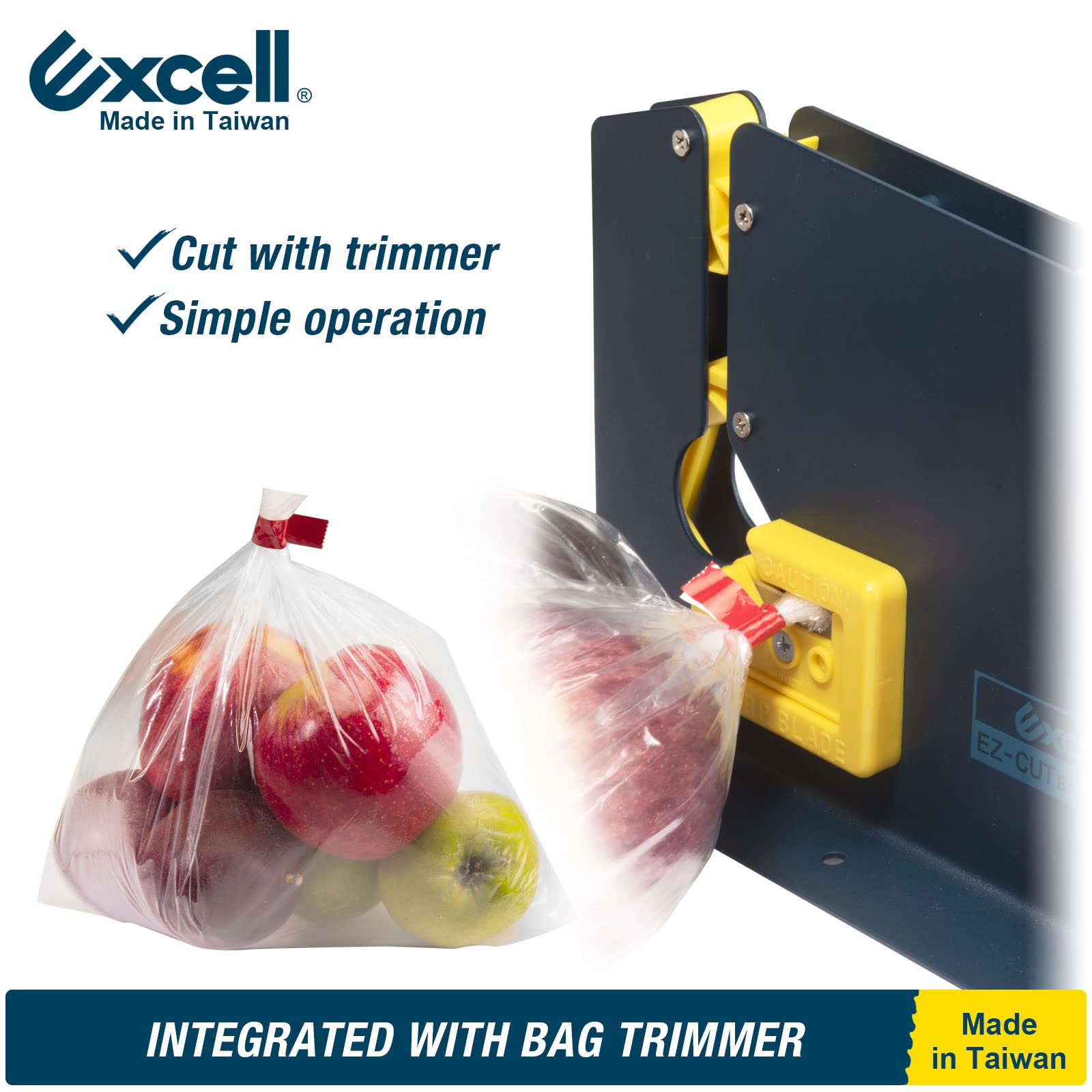 Excell EZ-Cut Tape Bag Sealer with Trimmer Blade: Fits 12 mm Tape, Ideal for Sealing Candy, Bread, and Meat. Easy to Cut and Trim Bags. Durable, Table-mountable. Includes Sealer and Tape roll.