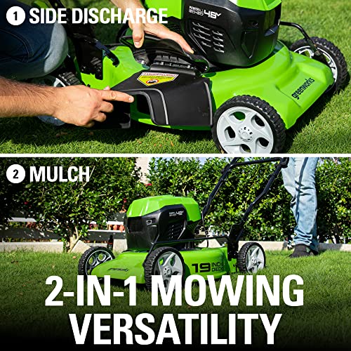 Greenworks 48V (2x24V) 19"Brushless Push Lawn Mower,2.0Ah Axial Blower (90 MPH/320),10"String Trimmer,22"Rotating Handle Hedge Trimmer,Combo Kit w/ (2) 4.0Ah Batteries, (1) 2.0Ah Battery & (2)Chargers