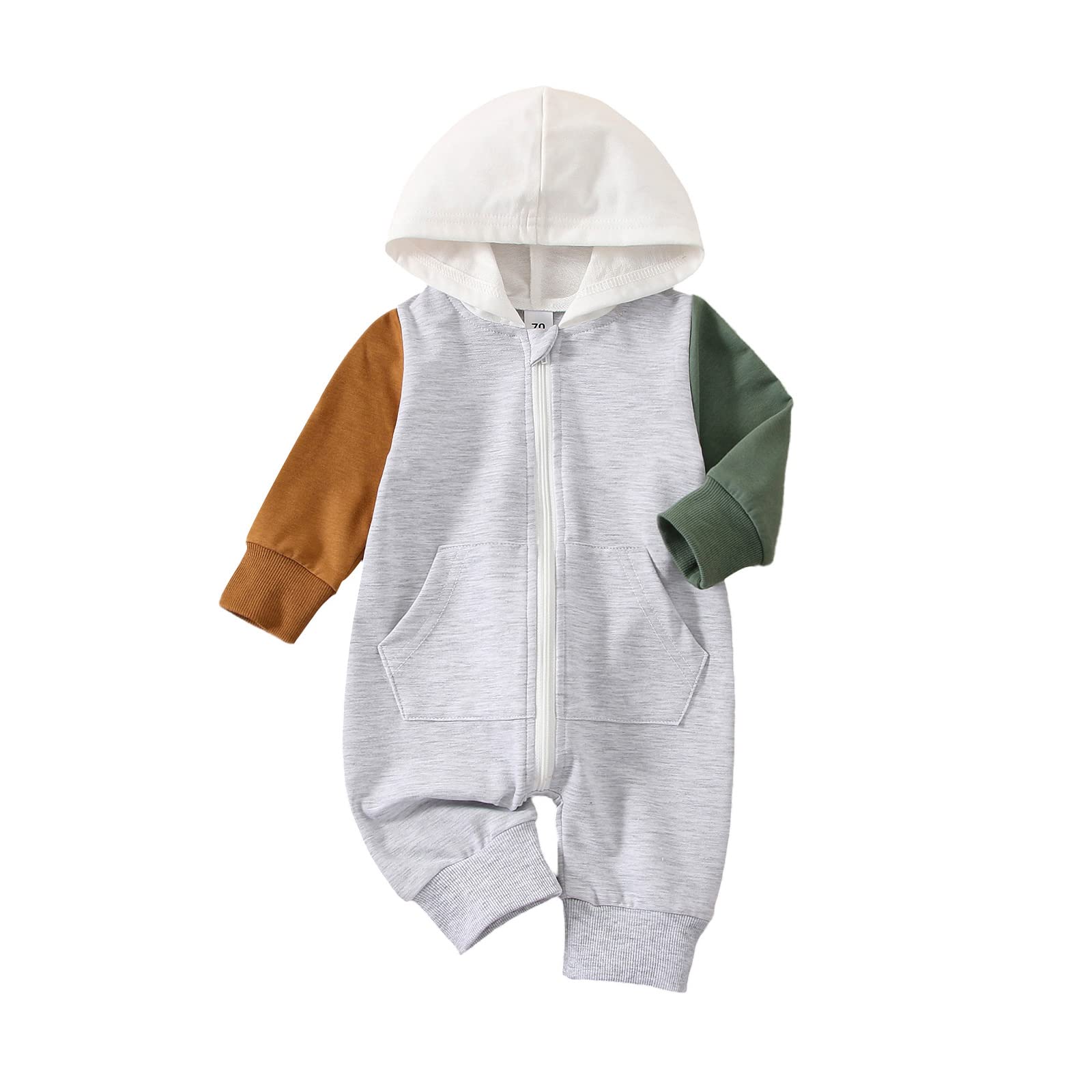 BemeyourBBs Newborn Baby Boy Clothes Color Block Long Sleeve Zipper Hooded Romper with Pocket Fall One Piece Outfits(6-12 Months, Zipper Grey)