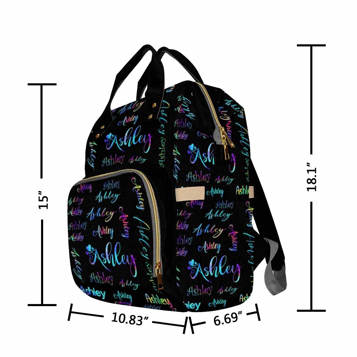 Custom Diaper Bag, Dazzle Color Name Text Logo Black Personalized Diaper Backpack with Text Mummy Nursing Baby Bags Shoulders Bag Casual Daypack Travel Bag for Mom Mother's Day