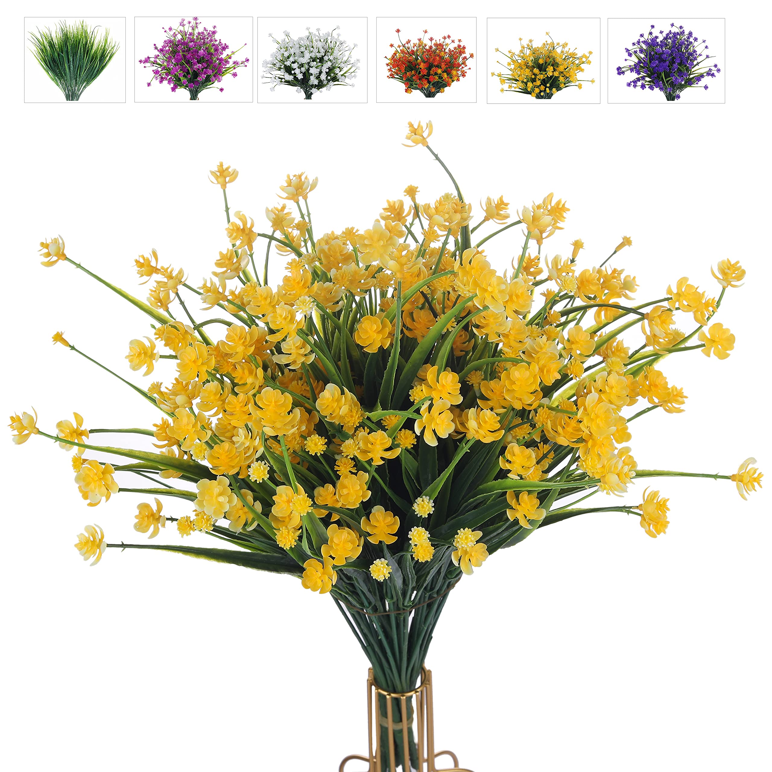 LXAFGP 8 Bundles Artificial Flowers Fake Greenery Outdoor UV Resistant Plants Faux Plastic Plants for Outdoor Shrubs Indoor Home Window Garden Wedding Porch Box Hanging Plants Decor (Yellow)