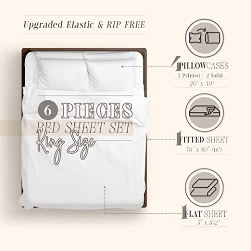 Elegant Comfort Holiday Printed 6-Piece Sheet Set, 1500 Thread Count, Breathable and Super Soft Material, Wrinkle Resistant, Fitted Sheets with Smart Pockets, 6PC King, Burgundy Reindeer