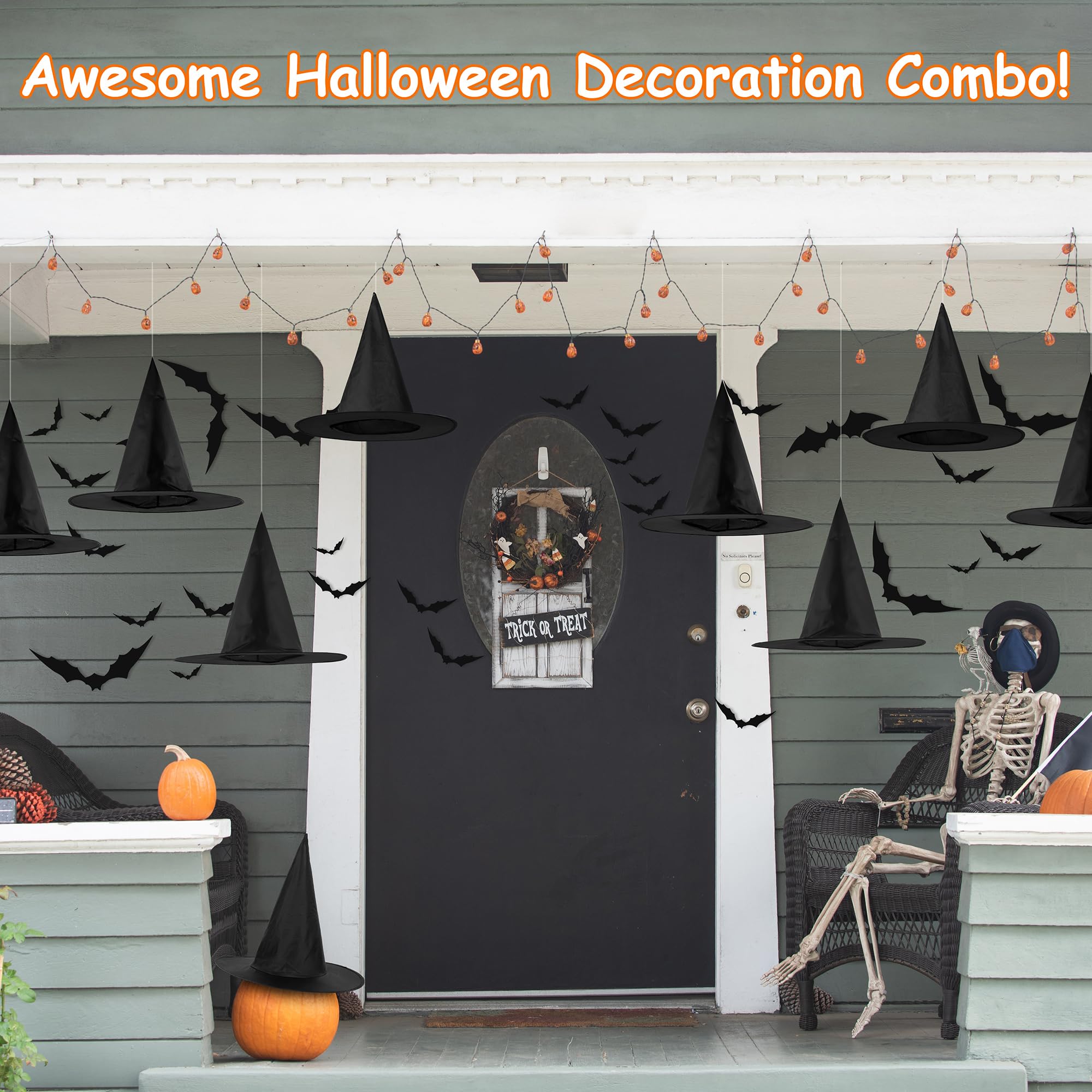 Elcoho 12 Halloween Black Witch Hats, Costume Accessories Caps, 32 3D Bat Wall Stickers for Yard Party
