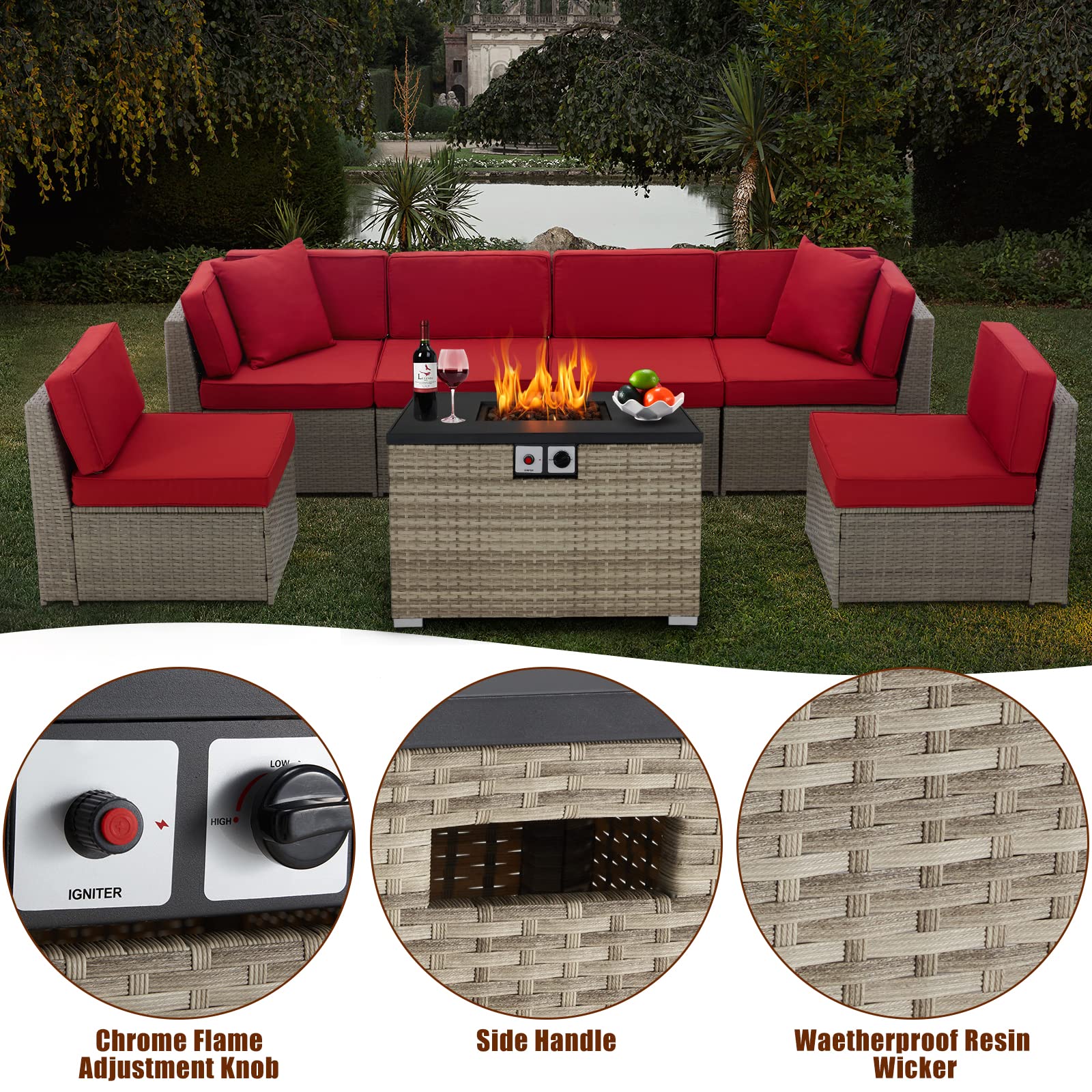 AVAWING 32in Square Fire Pit Table,40,000BTUs Wicker Propane Gas Firepit Table 2 in 1 Fireplace Table Outdoor Fire Tables for Outside Patio Backyard W/Lid and Lava Stone, Grey