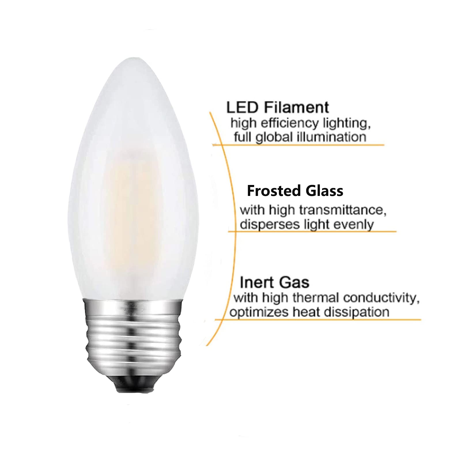 Beonllay B11 LED Filament Frosted Chandelier Light Bulb 25W Equivalent Torpedo Tip E26 Candelabra Base 2W Dimmable 2700K Soft White Decorative Candle Light Bulb, 6 Pack