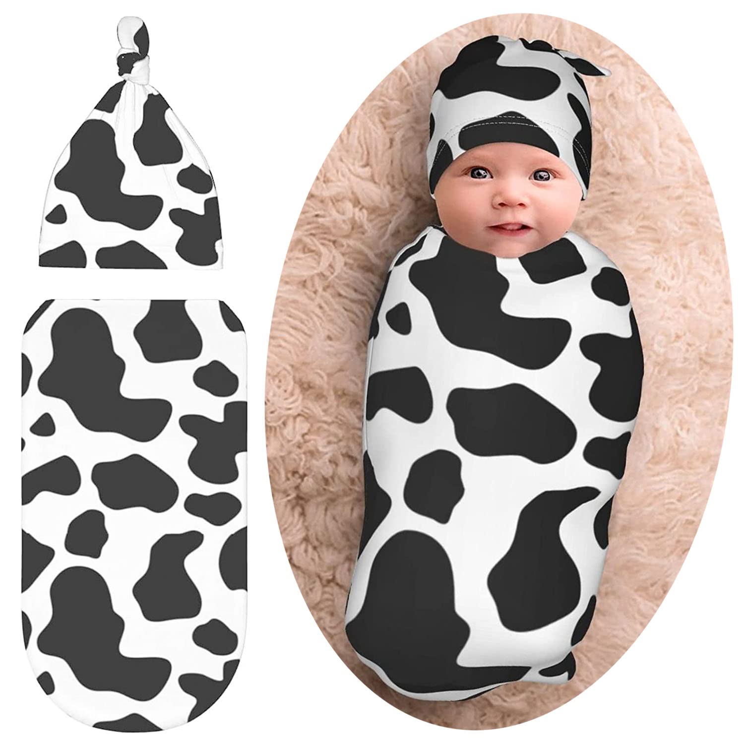 Black and White Cow Print Baby Stuff Swaddle Blanket Hat Set,Soft and Stretchy Infant Receiving Blanket for Newborn, Swaddle Sack Wrap for Boy/Girl