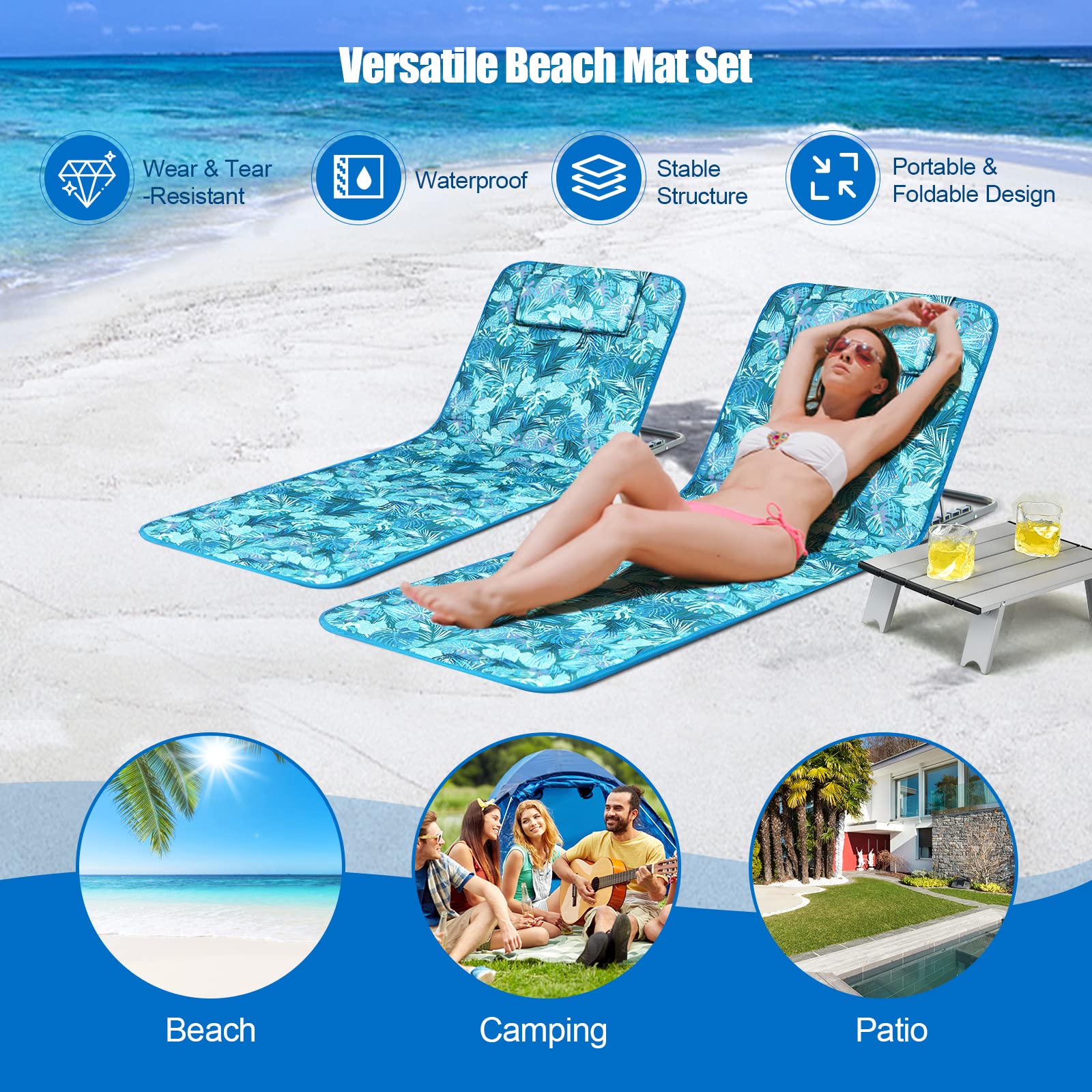 COSTWAY 3-Piece Beach Lounge Chairs, Outdoor Lounger with Side Table, 5 Reclining Positions, Lightweight & Portable Tanning Chairs for Sunbathing, Camping (Turquoise)