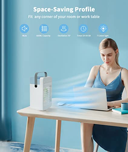 Personal Air Cooler, 70°Oscillating Evaporative Ultra Portable Personal Air Cooler with 7 Colors LED Light, 4 Wind Speeds, 2 Refrigeration, 2/4/6Timer, 2 Spray Modes and 450ml large tank for Office