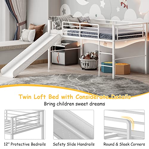 Giantex Twin Loft Bed with Slide, Metal Low Bunk Bed w/Safety Guardrails & Built-in Ladder, Toddler Bed Floor Frame for Boys & Girls, No Box Spring Needed (White)