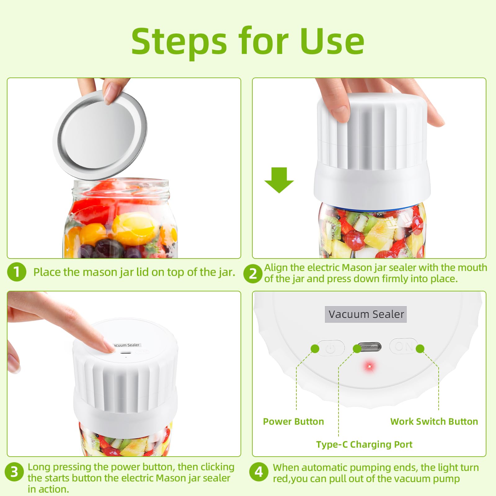Electric Mason Jar Vacuum Sealer, Vacuum Sealer Kit for Wide Regular Mouth Mason Jars, Canning Jars Vacuum Seal Machine Kit Jars Sealing Machine Attachment for Food Storage