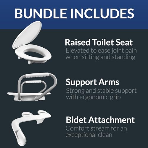 Bemis 7YR85320H20 Assurance with Clean Shield Toilet Support Arms Attachment, Round 3" Raised Seat with Bidet Bundle, White